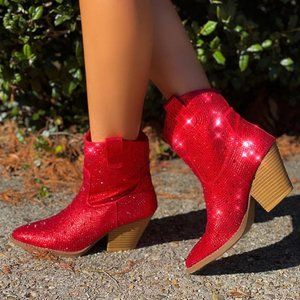 Shoes | New Women Red Rhinestone Blingy Cowboy Western Ankle Boots ...